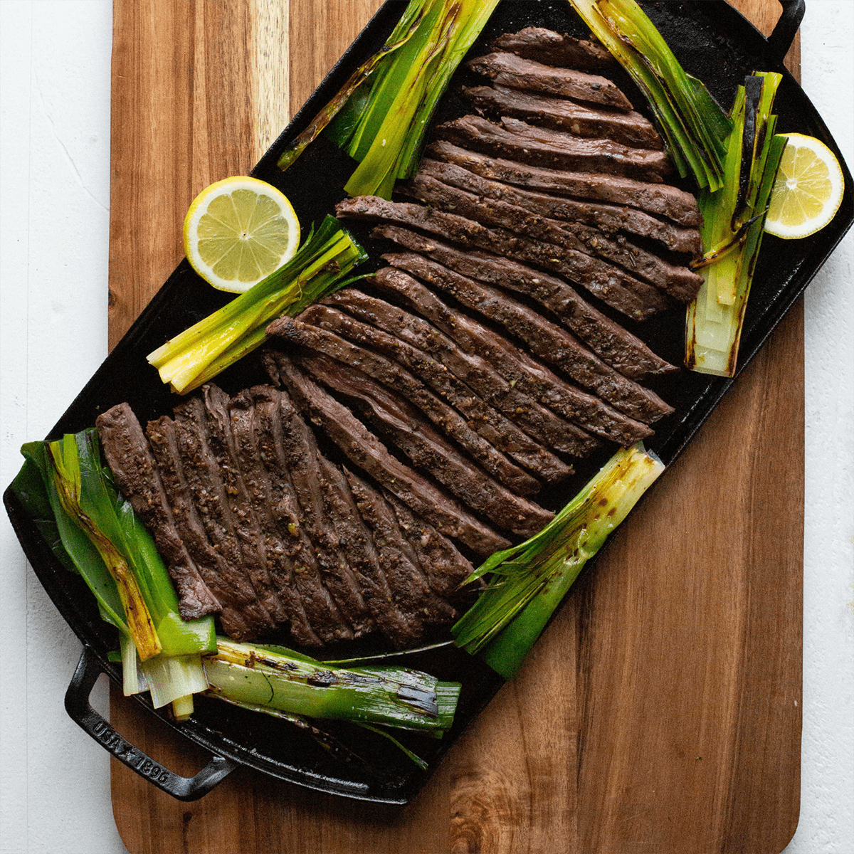 Pepper Crusted Skirt Steak with Leeks | Blacklock Triple Seasoned Cast Iron
